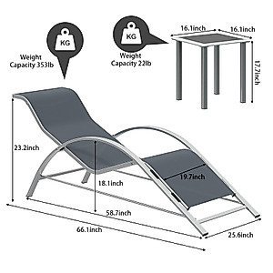 Patio Chaise Lounge Set of 3, Outdoor Pool Lounge Chair Beach Sunbathing Lawn Lounger Recliner Chair, Backrest Tanning Chairs with Arm & Side Table for All Weather, Poolside, Deck, Balcony, Backyard