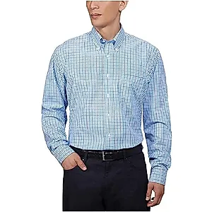 Kirkland Signature Men’s Button Down Dress Shirt Traditional Fit (Blue/White Mini Check, 16 x 34/35)