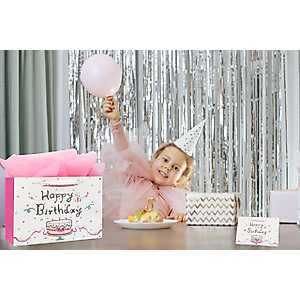 Oletx 13" Large Happy Birthday Pink Paper Bags,Pink Gift Party Favor Bags with Tissue Paper Birthday Card for Girls Women' Party,Baby Shower