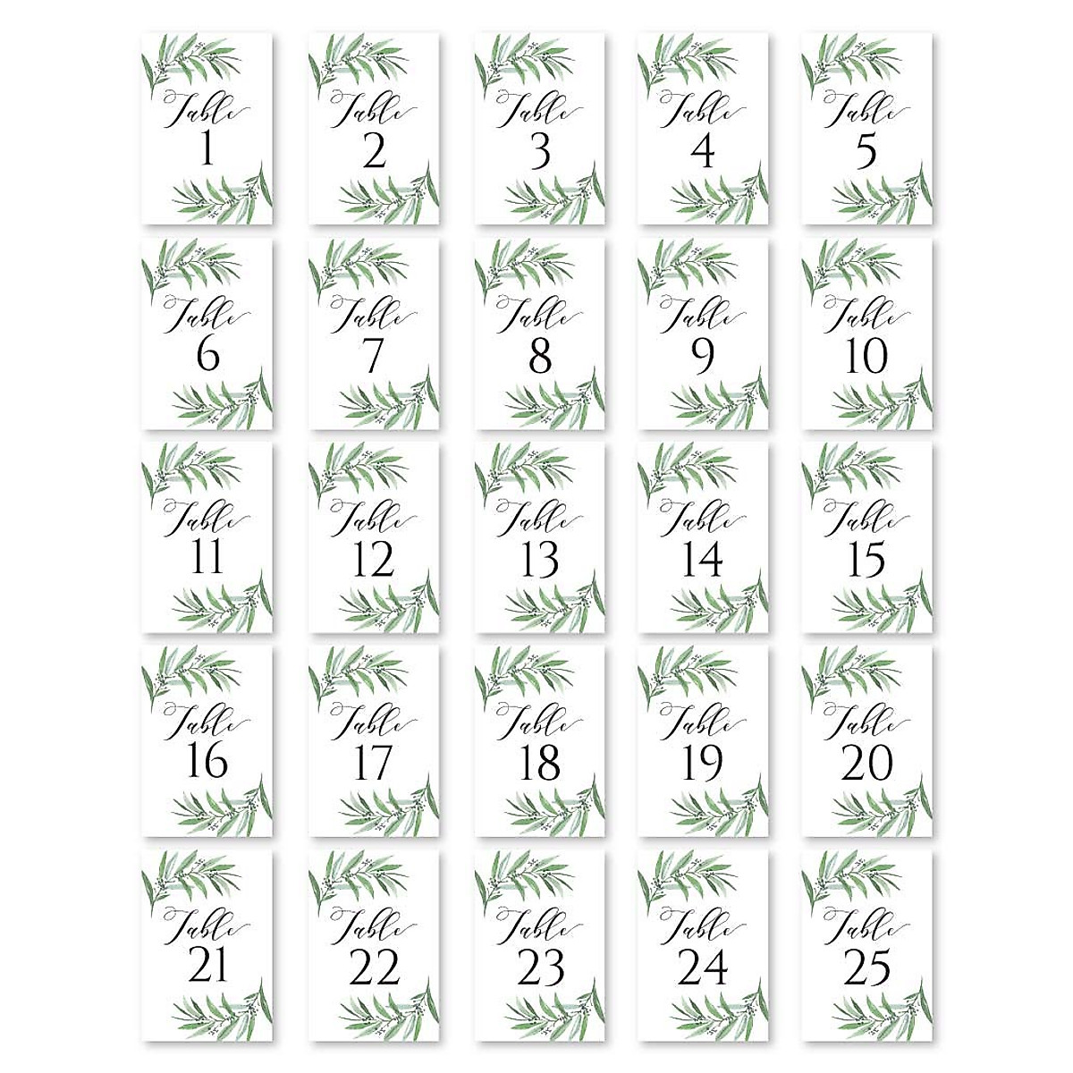 1-25 Greenery Eucalyptus Table Number Double Sided Signs For Wedding Reception, Restaurant Birthday Party Calligraphy Printed Numbered Card Centerpiece Decoration Setting Reusable Frame Stand 4x6 Size