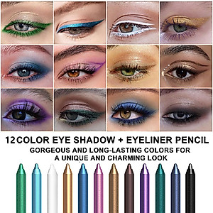12Pcs Colored Gel Glitter Eyeliner Pencils Set Dark Light Emerald Green Sky Royal Blue Black White Pink Purple Brown Gold Eyeliner Pencils Eye Liner Liquid Liner Waterproof Smudge Proof delineadores