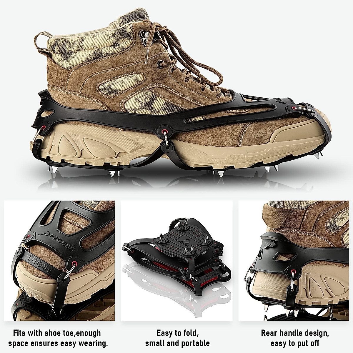 Pecube Ice Cleats for Shoes and Boots Men Women Trail Running 20 Stainless Steel Spikes Anti-Slip Footwear Traction Cleats Snow Grips Crampons for Hiking Ice Fishing Walking on Snow