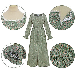 CR ROLECOS Colonial Pioneer Prairie Dress Women Floral Amish Dresses Pilgrim Costume Pioneer Trek Clothing Green S