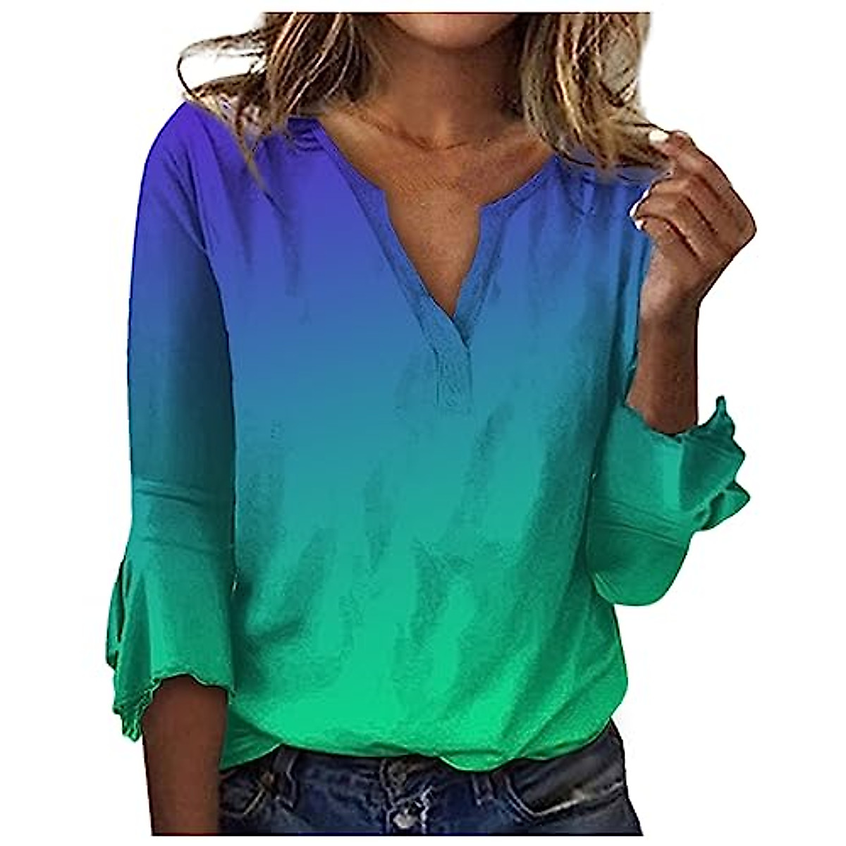 pallets for Sale Liquidation Women's Summer Blouses 3/4 Sleeve Tops for Women Trendy 2023 Cute Gradient Tunic Summer Shirts Dressy Casual Bell Sleeve V Neck Fall Blouses Green L