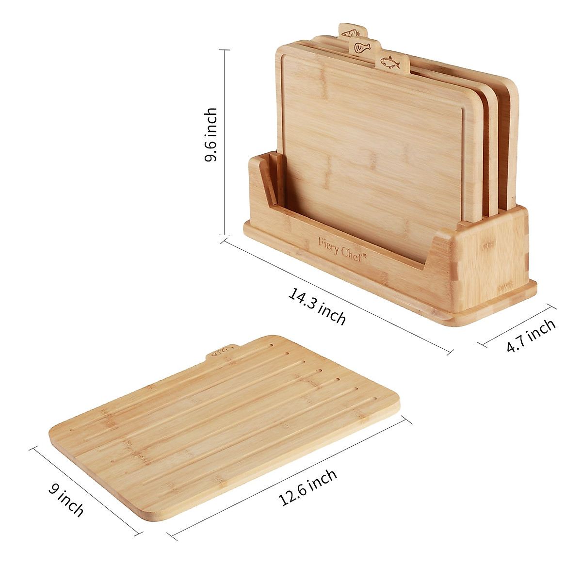 Fiery Chef Bamboo Cutting Board Set of 4 - Wood Cutting Board Set with Holder, Chopping Boards Set with Food Icons, Juice Groove - Ideal for Meat, Fish, Bread, Vegetable, Fruit Chopping