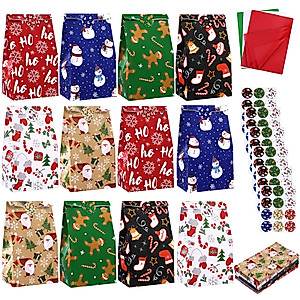 Cooraby 72 Pack Christmas Gift Bags with Tissue Paper Sealing Stickers 9.4 x 5 x 3 Inch Holiday Candy Goody Paper Bags for Xmas Party Supplies Gift Wrapping Decorations