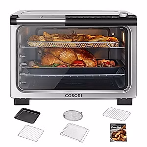 COSORI 11-in-1 Ceramic Air Fryer Toaster Oven Combo, Mother's Day Gift, Flat-Sealed Heating Elements for Easy Cleanup, Innovative Burner Function, 5 Accessories & Recipes, 26QT, Silver