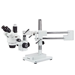 AmScope SM-4T Professional Trinocular Stereo Zoom Microscope, WH10x Eyepieces, 7X-45X Magnification, 0.7X-4.5X Zoom Objective, Ambient Lighting, Double-Arm Boom Stand