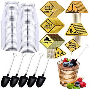 BBTO 150 Pieces Construction Party Supplies 50 Pieces Plastic Shovel Shape Novelty Spoons, 50 Pieces Cake Desserts Cups, 50 Pieces Construction Cupcake Toppers for Construction Themed Birthday Party