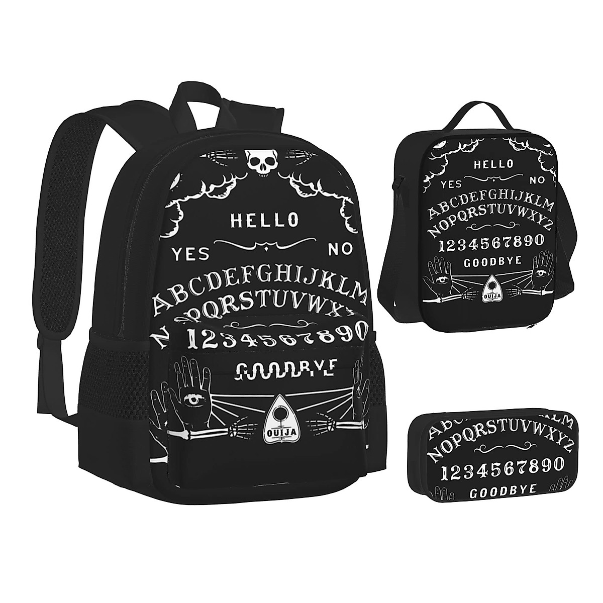 SWEET TANG School Backpack sets 3 piece Teens Studentss (Skeleton Ouija Board Tattoo Black) Book Bag+Lunch Bag+Pencil Case Cute College Work Gym Hiking Fishing Computer Bag, One Size