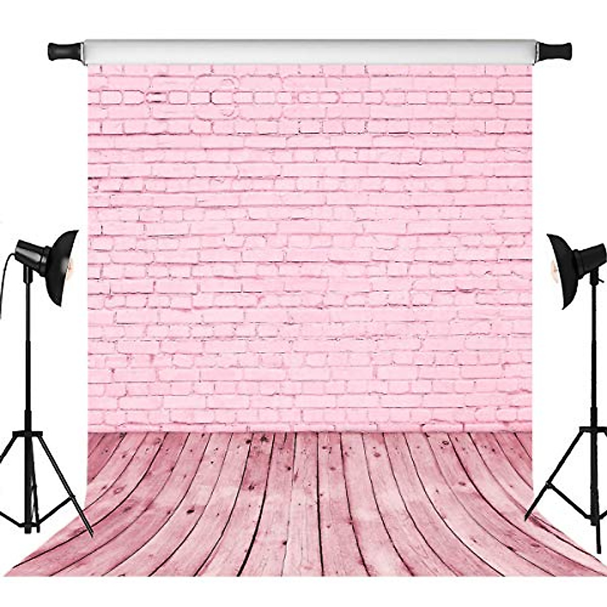 Mocsicka Pink Brick Wall with Wood Floor Photography Backdrop 5x7ft Vinyl Newborn Baby Photoshoot Children Kids Potrait Background Photo Booth Studio Props