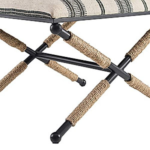 Linon Farrow Black Metal and Natural and Black Stripe Upholstered Campaign Ottoman