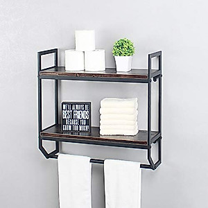 OISSIO Bathroom Shelves Wall Mounted,2 Layer Bathroom Shelf with Towel Bar,Storage Shelves for Kitchen,Metal&Wood Floating Shelves, Rustic Industrial Bathroom Shelves,Vintage Black