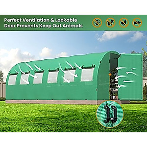 Papababe 20x10x7ft Large Walk-in Greenhouse for Outdoors with Watering System Upgraded Swing Door Tunnel Greenhouse kit,12 Windows, Ground Pegs & Film Clips, Heavy Duty Galvanized Steel Frame,Green