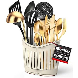 Mueller Kitchen Utensil Holder, Heavy Duty Flatware Drying Basket with Two Compartments, Non-Slip Base and Removable Divider for Easy Cleaning, European Made Countertop Drying Rack, Beige