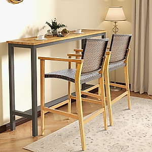 Tangkula Patio Rattan Bar Stool Set of 2, Outdoor PE Wicker Bar Chairs with Armrests, Counter Height Acacia Wood Barstools with Sturdy Footrests, for Balcony, Backyard, Poolside (2, Mix Brown)