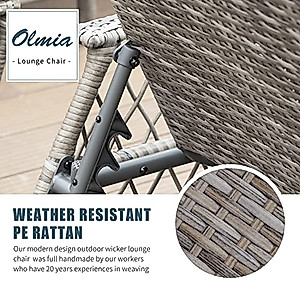 Olmia Chase Lounge Chair Outdoor Set of 3 with Glass Table, 3 Piece Outdoor Chaise Lounge Wicker Rattan Patio Lounger Chairs 5 Position with Cushions,Retractable Foot-Rest - Steel Frame