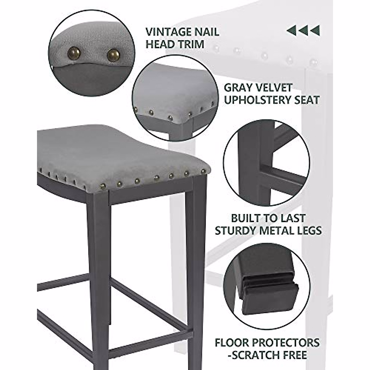KATDANS Grey Bar Stools Set of 2 Counter Height 24 Inches Backless Barstools for Kitchen Counter Modern Saddle Stools Velvet Nailhead Upholstered Stools, KS718PN