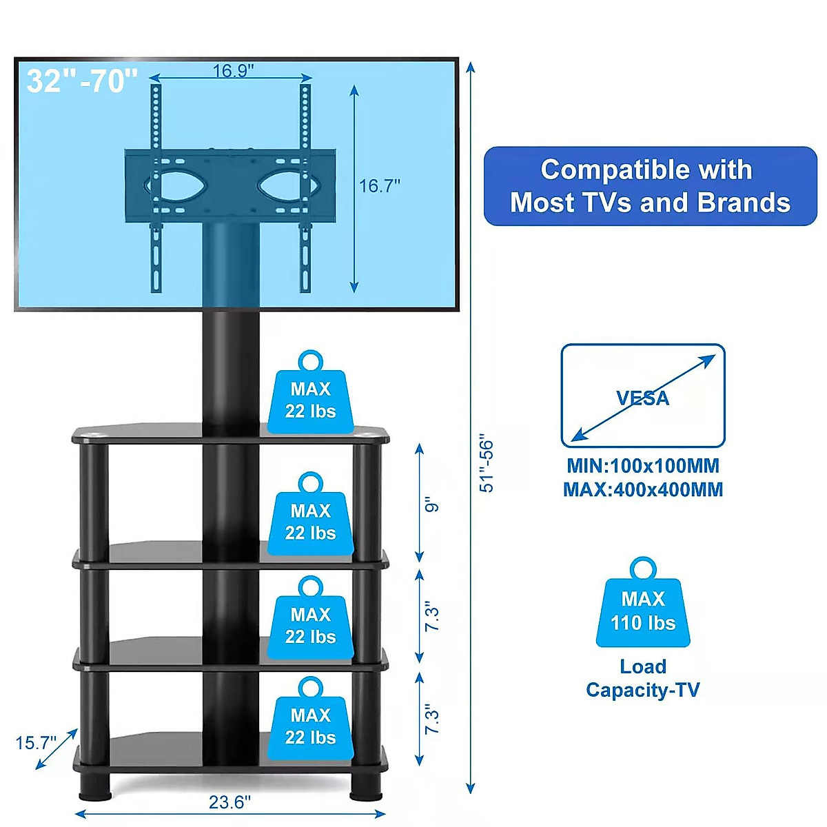 YOMT Floor TV Stand with 4 Tier Media Stand Audio Video Rack Tower for Entertainment Stereo Component, Tall TV Stand with Swivel Mount for 32-70 inch TV, Perfect for Corner and Small Spaces