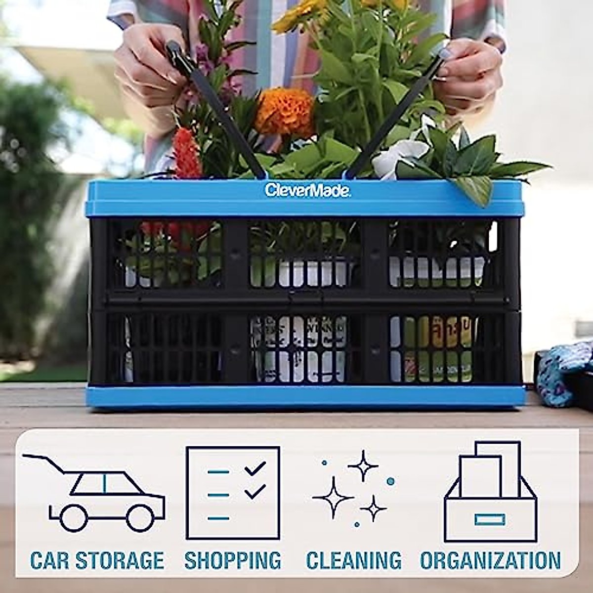 CleverMade 16L Collapsible Reusable Plastic Grocery Shopping Baskets; Small Foldable Storage Crates with Handles, 3 Pack, Tan