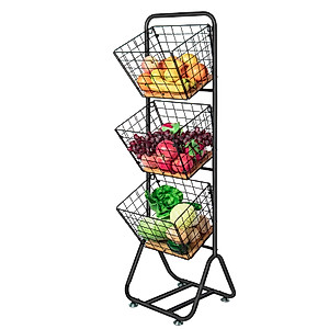 X-cosrack 3-Tier-fruit-Wire-Market-Basket-Stand Kitchen Snack Vegetable Metal baskets Storage Tiered Wire Basket Organizer Free-Standing for Fruit Vegetable Storage Pantry Bathroom (Bamboo)