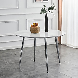 Pvillez 45" Round Dining Table, Faux Marble Kitchen Dining Room Table for 4, Modern Circle Dining Table with 0.3" White Marble Imitation Tabletop and Silver Metal Legs for Dining Room Kitchen