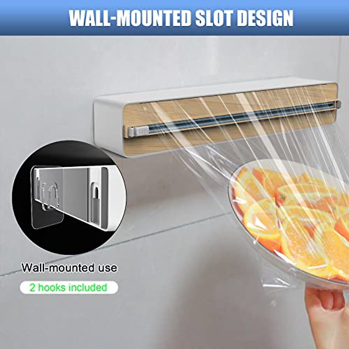 leQuiven Plastic Wrap Dispenser with Slide Cutter, Reusable Cling Film Dispenser, Double Elastic Buckle Adjustable Length for Aluminum foil, 1 Roll Plastic Food Wrap Included (Bamboo Wood Pattern)