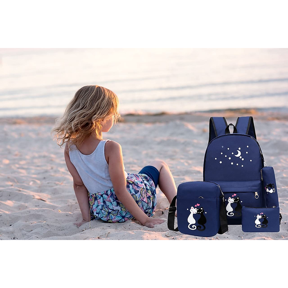 4Pcs Cute Cat Prints Canvas Primary School Bag Rucksack Backpack Set for Girls Elementary Bookbag