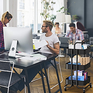 FURNINXS 3 Tier Rolling Cart with Wheels Metal Utility Cart with Handle Rolling Storage Organizer Trolley Cart for Kitchen, Office, Home, School (Black)