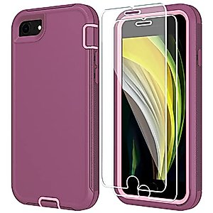 ONOLA iPhone SE 2022 Case with Tempered Glass Screen Protector [2 Packs], Shockproof Dustproof for iPhone SE 2022 3rd Gen/2020 2nd Gen (4.7-inch) in WineRed-Pink.