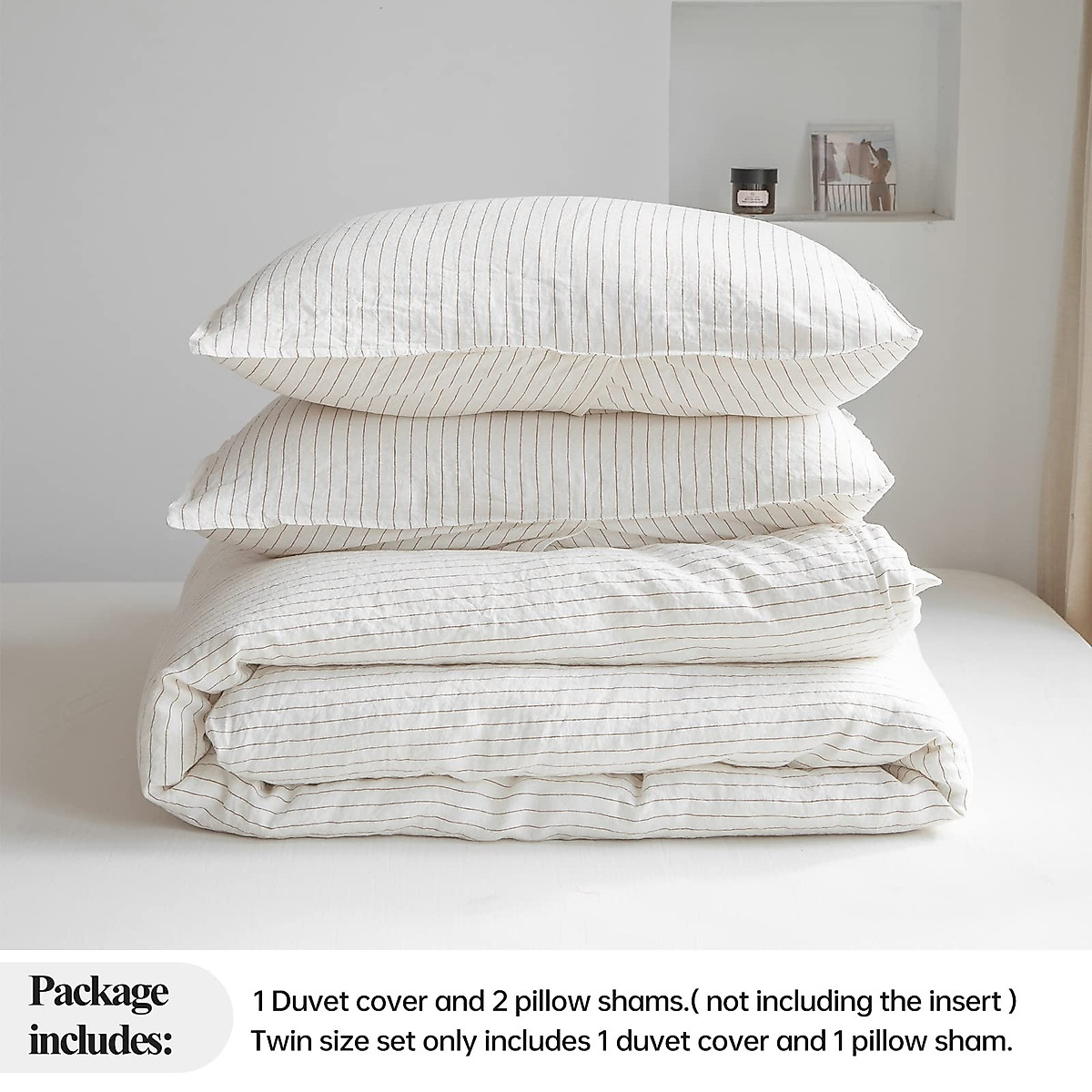 Simple&Opulence 100% Pure Linen Duvet Cover Set, 3Pcs Striped Washed Natural Flax Bedding Set with Button Closure, Soft Breathable Durable Farmhouse,1Duvet Cover and 2Pillowshams (Queen, Brown Stripe)