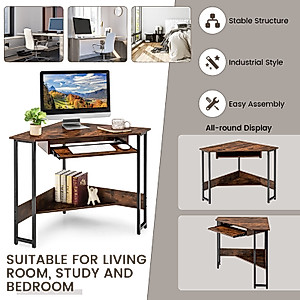 MEDIMALL Triangle Computer Desk, Small Corner Writing Table with Power Outlets, Keyboard Tray & Storage Shelf, Strong Metal Frame, Home Office Workstation Gaming Desk for Small Spaces, Rustic Brown