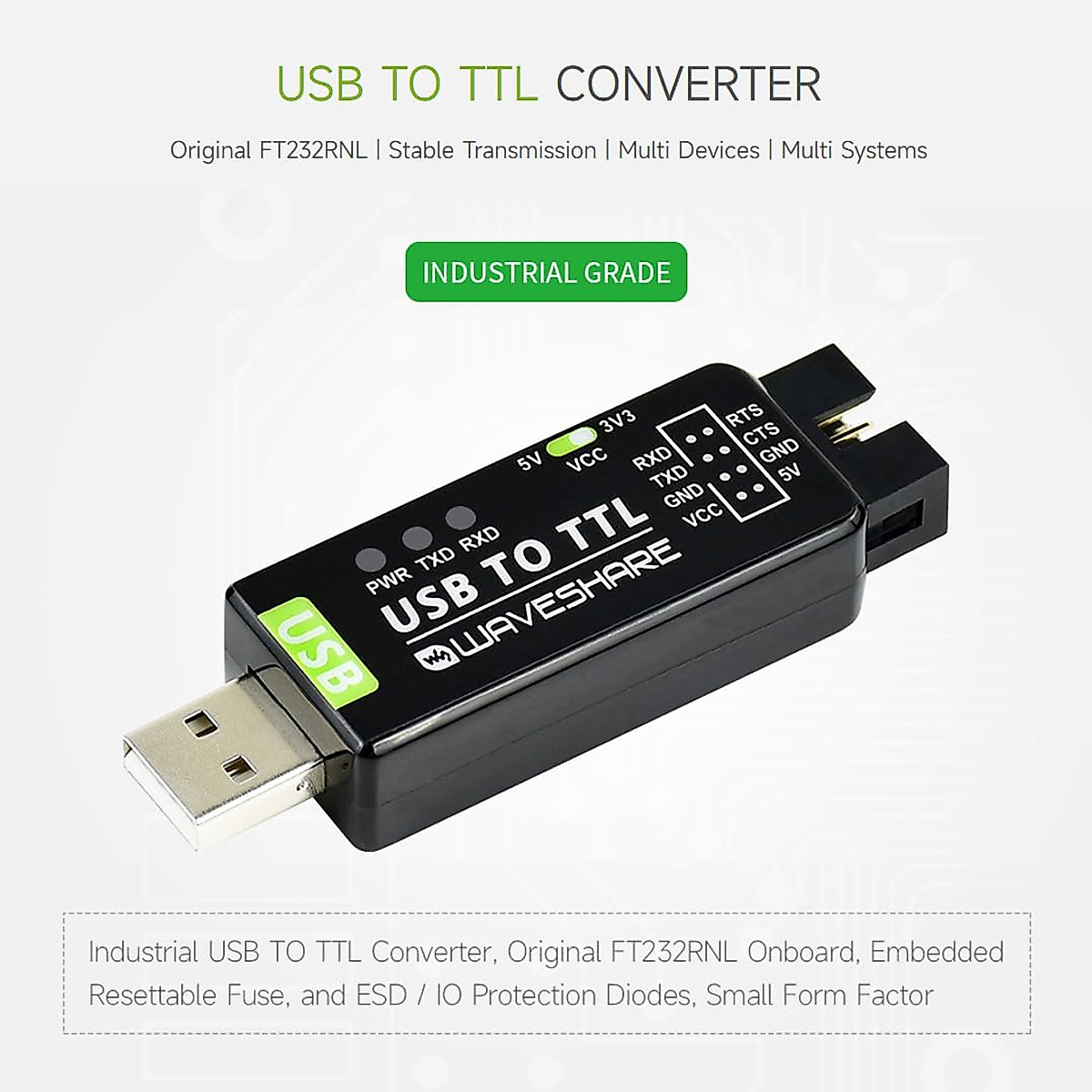 waveshare Industrial USB to TTL Converter with Original FT232RNL Onboard and Multi Protection Circuits Support Multi Systems Support Win7/8/8.1/10/11, Mac, Linux, Android, Wince