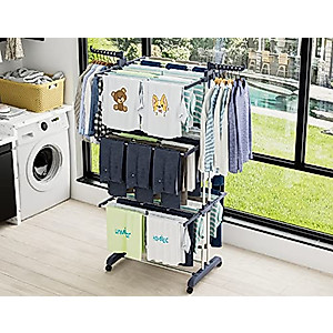 HOMIDEC Clothes Drying Rack, Oversized 4-Tier(67.7" High) Foldable Stainless Steel Drying Rack Clothing, Movable Drying Rack with 4 castors, 24 Drying Poles & 14 Hooks for Bed Linen, Clothing, Grey