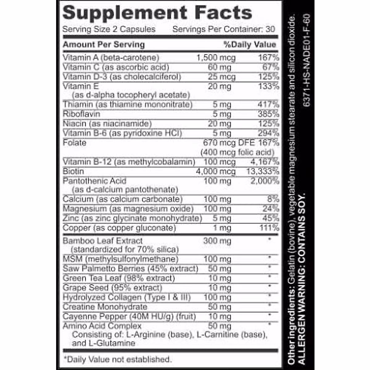 Beautifully Bamboo Ultra Vitamin for Skin, Hair, and Nail Growth. Enriched with Biotin, Bamboo Silica, Amino Acids and more (60 capsules)