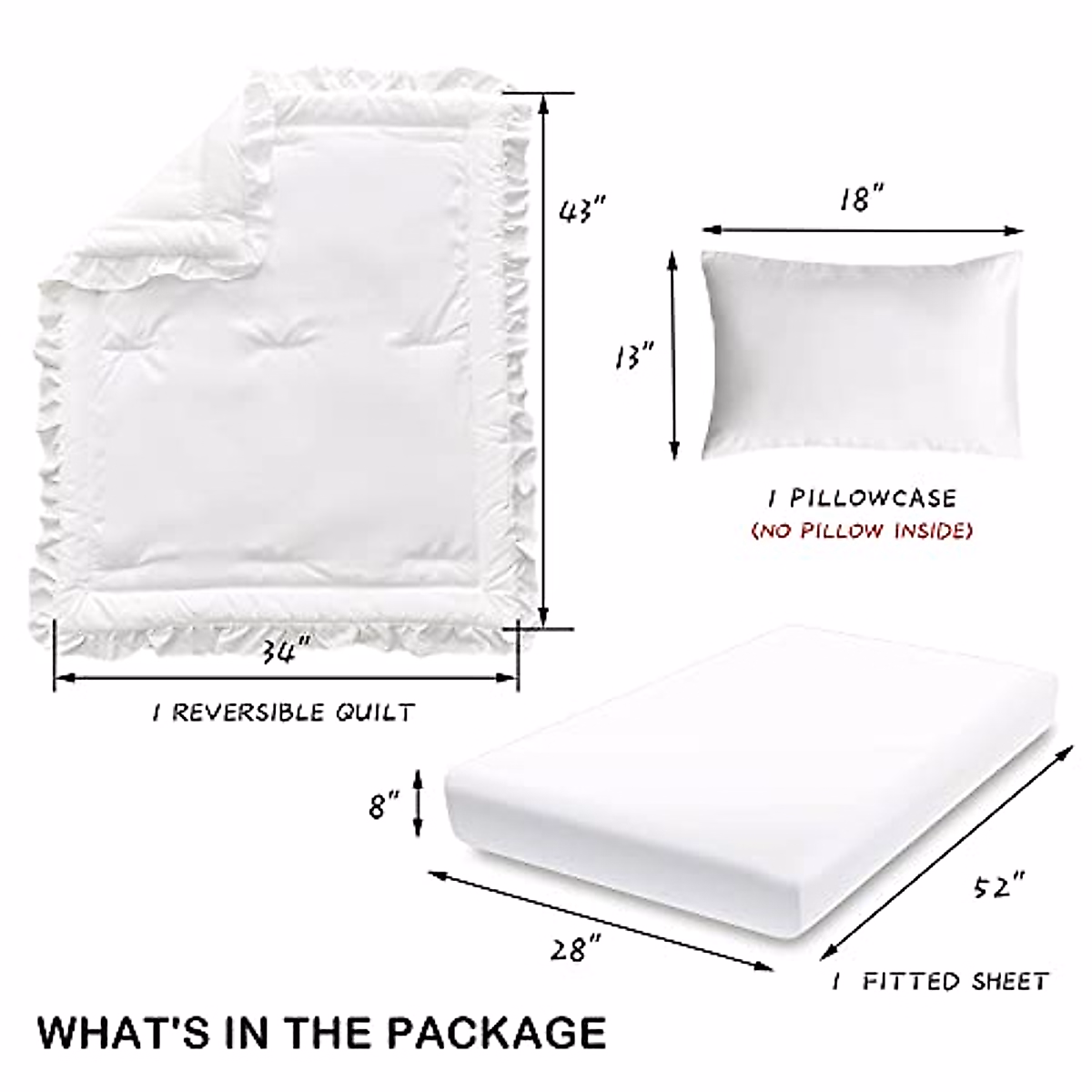 3 Pieces Crib Bedding Set Baby Ruffle Quilted Comforter with Fitted Sheet and Pillow - Cute Ruffled Shabby Chic Bedding Soft Blanket Design White