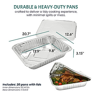 FUNSTITUTION Full Size Large Aluminum Foil Pans (20 Pack) - Full Size Large 21x13 Tin Foil Pans with High Heat Conductivity - Disposable Cookware For Baking, Grilling, Cooking, Storing, Prepping