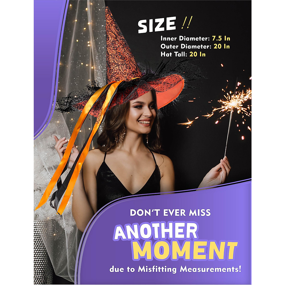 UNKENBO Orange LED Light Witch Hats for Women - Fancy Light Weight Halloween Witch Hat with Cute Lace and Large Hat Brim Unique Halloween Designs and Purple Feather for Witch Costume Size: 20 inch