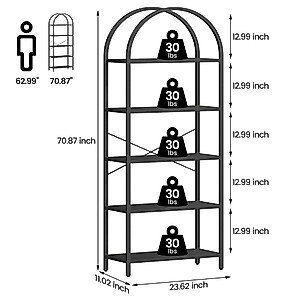 Arched Bookshelf, 5-Tier Open Bookshelf, Modern Bookcase Storage Shelves with Metal Frame, Freestanding Display Rack Tall Shelving Unit for Bedroom, Living Room, Home Office Black Frame + Black Board
