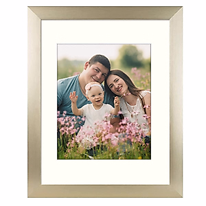 Frametory, 11x14 Metal Picture Frame Collection, Aluminum Photo Frame with Ivory Color Mat for 8x10 Picture or Without Mat & Real Glass (Gold)
