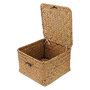 DOITOOL Straw Rattan Storage Basket With Lid Square Wicker Storage Bins Tea Storage Box With Cover Organizer Home Decoration (Large)