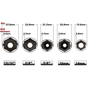 CASOMAN 3/8-Inch Drive Spark Plug Socket Set, 6-Point, 5/8-Inch, 3/4-Inch, 13/16-Inch, 14mm, 18mm, 5-Piece Set