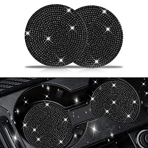 UGSHY 2 PCS Car Cup Holder Coasters, 2.7In Bling Crystal Rhinestone Rubber Vehicle Cup Mats, Universal Anti-Slip Durable Automotive Interior Decoration Accessories for Cars Trucks SUVs (Black)