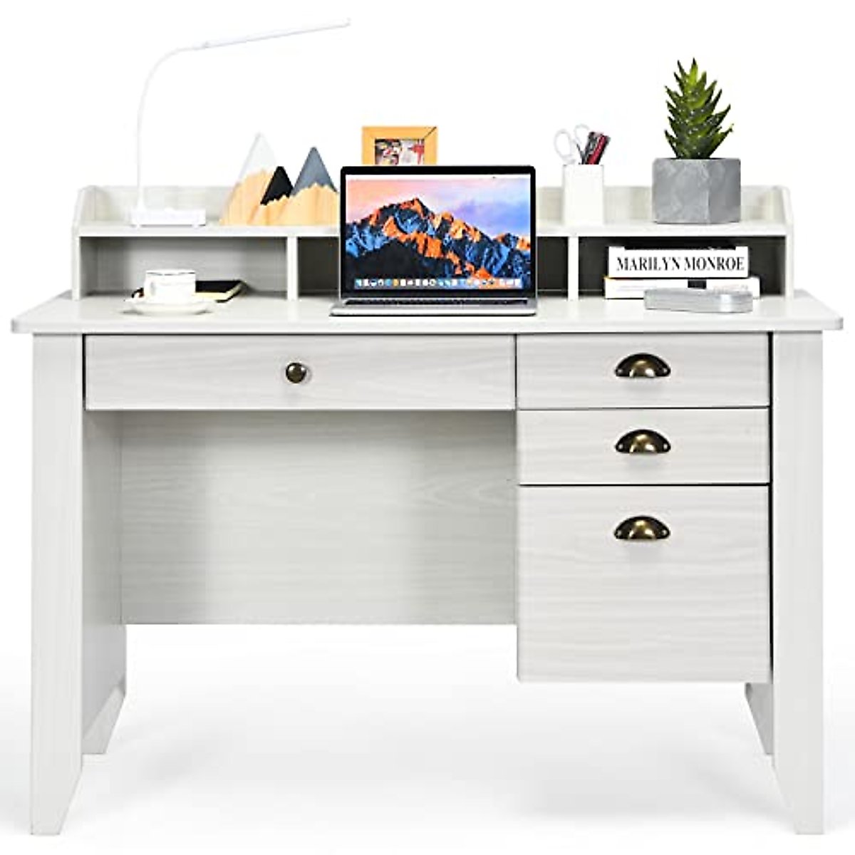 GLOBALWAY 2 Tier Shelves, Study and Writing Three Side, Laptop Table with a Smooth Slide-Out Long Drawer, for Home &Office Computer Desk, White