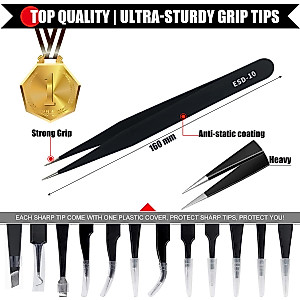 Antonki 12 Pack Tweezers, Precision Tweezers Set, Craft Tweezer Kit, Soldering Tweezers, Jewelry Tweezers, Pointed Ingrown Hair Tweezers, Eyelash Extension Tweezers, Eyebrow Tweezers - with Case