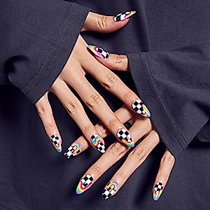 GLAMERMAID Press on Nails Medium Short Almond, 24Pcs Acrylic Oval Fake Nails with Checkerboard Rainbow Design Y2K Stick Glue on Nails Pride Rainbow Reusable Stiletto False Nail Tips with Adhesive Tabs