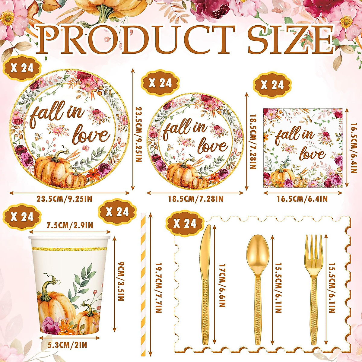 Tanlade 193 Pcs Fall in Love Bridal Shower Decorations Include 24 Dinner Plate 24 Dessert Plates 24 Pumpkin Napkin 24 Pcs 9 oz Cup 24 Cutlery 24 Straw Banner for Wedding Anniversary Engagement Party