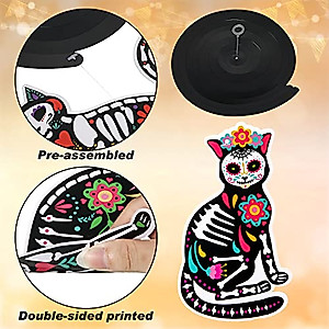 30 Pcs Day of The Dead Decorations Mexican Skeleton Cat Swirl Hanging Ornaments DIY Sugar Skeleton Cat Cutouts for Halloween Cinco De Mayo Dia De Muertos Party Supplies