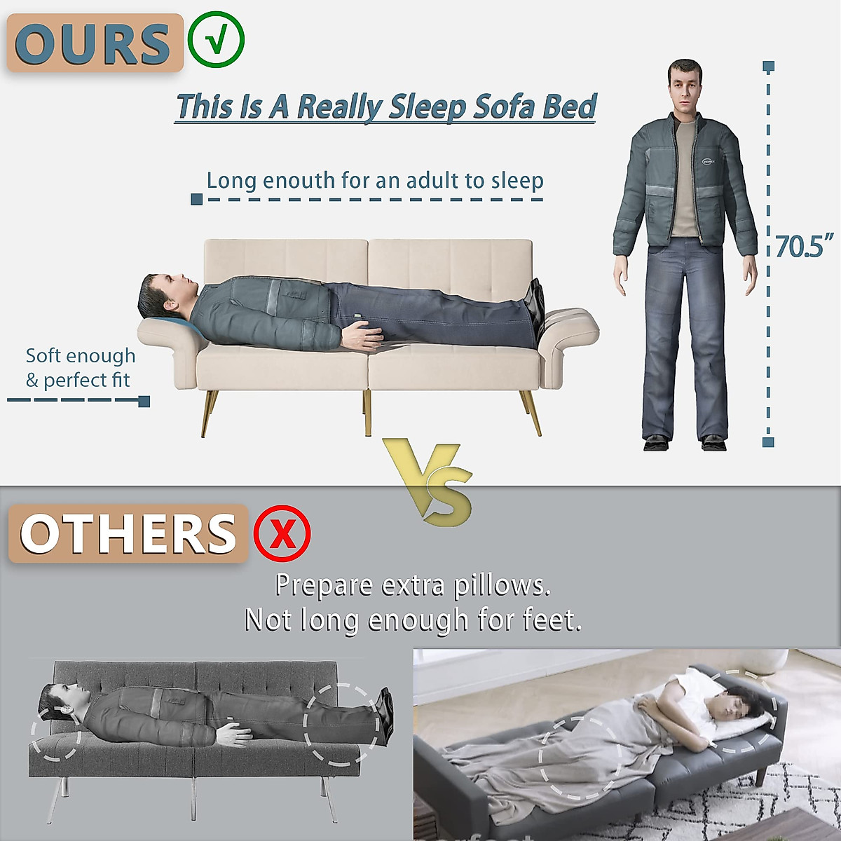 FCNEHLM 77.5” Futon Sofa Bed, Velvet Sofa Bed Futon Convertible Italian Velvet Futon Couch with Foldable Armrests and Adjustable Backrests with Magazine Bags, Sleeper Sofa Bed for Living Room, Beige