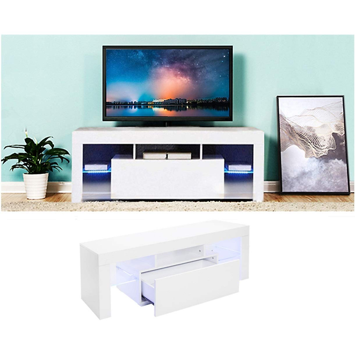 MTFY Modern TV Stand with LED Light, Entertainment TV Stand Cabinet with Single Drawer, Television Table Center Furniture for Living Room Bedroom, for 52'' TV, White